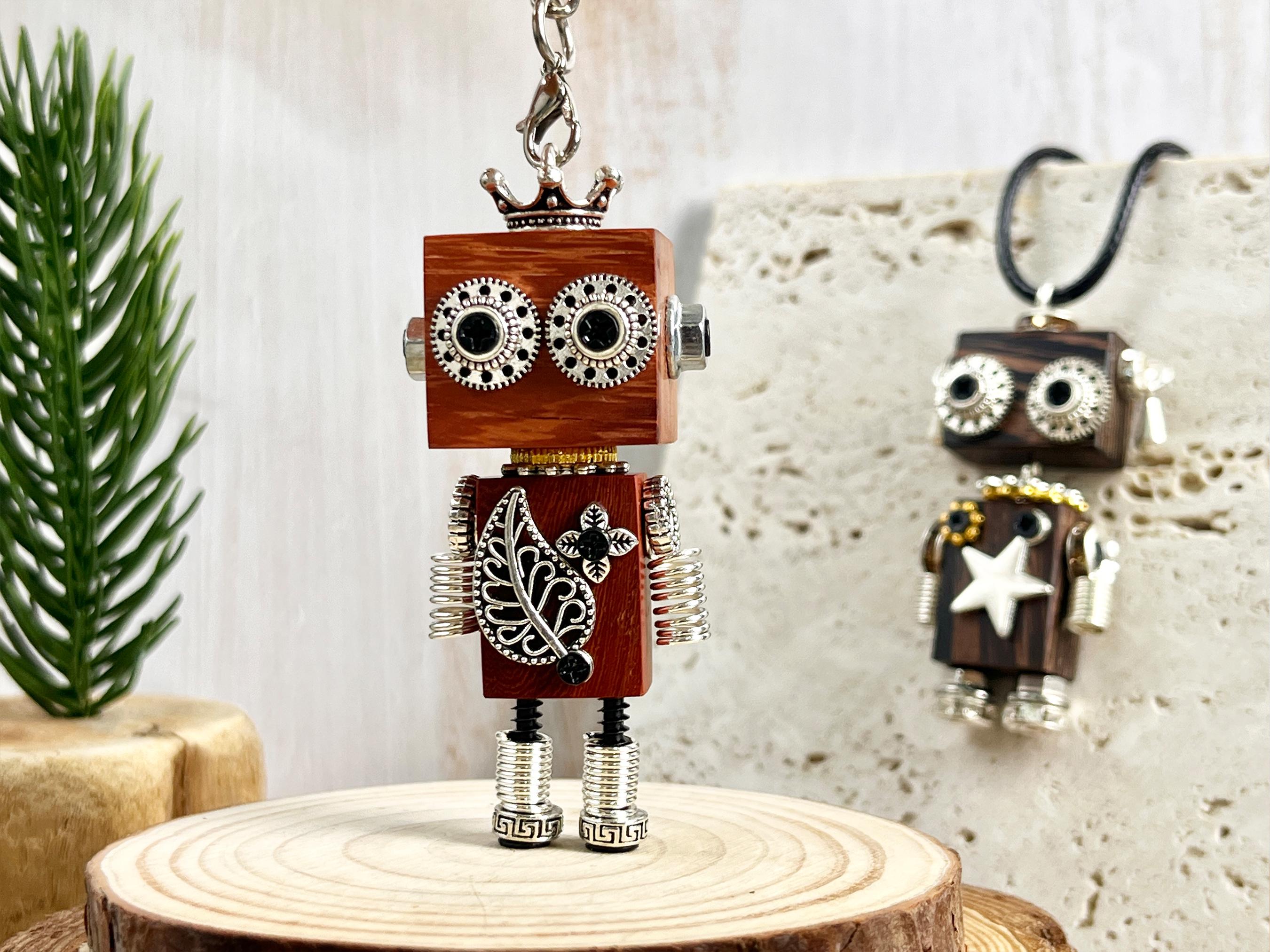 Cute Mini Steampunk Robot Key Chain Charms, Cool Wooden Robot Keyring ...