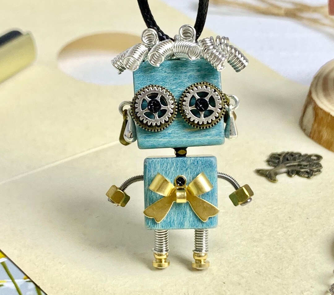 Handmade Cool Steampunk Robot Keychain Charm, Cute Robot Keyring Wood ...