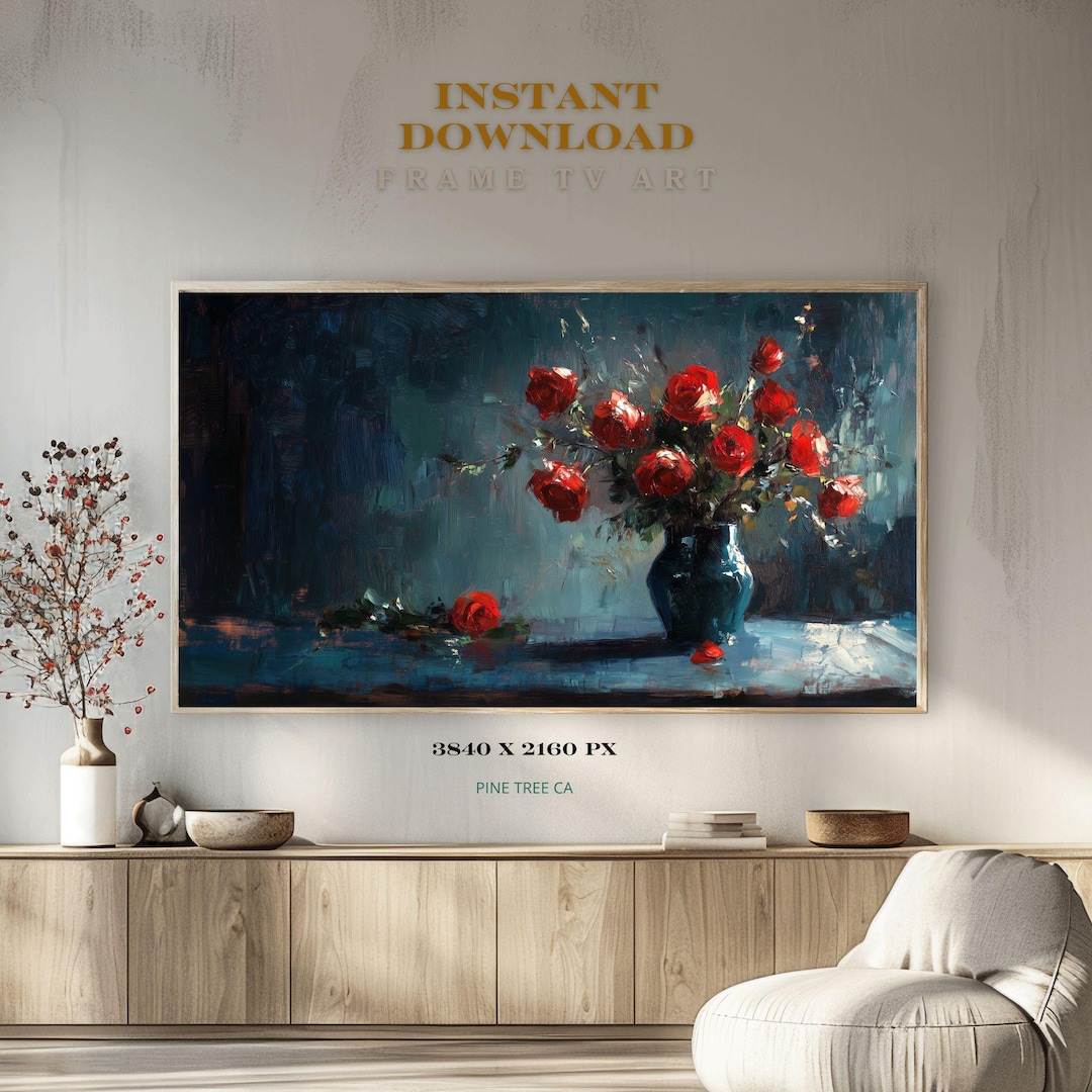 Red Roses Valentines Day Samsung Frame TV Art , Vintage Flowers Oil ...