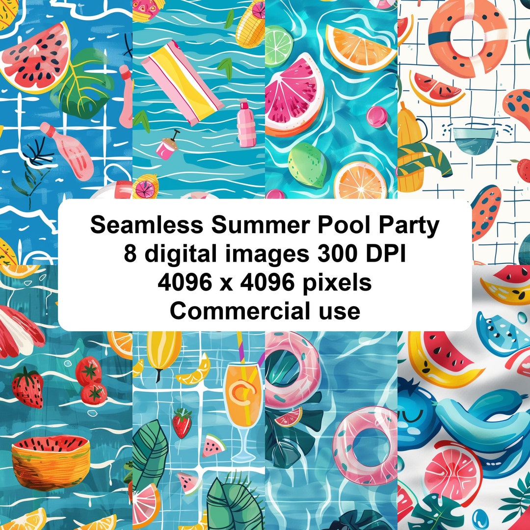 Summer Pool Party Seamless Digital Patterns | Fun Pool Clipart ...
