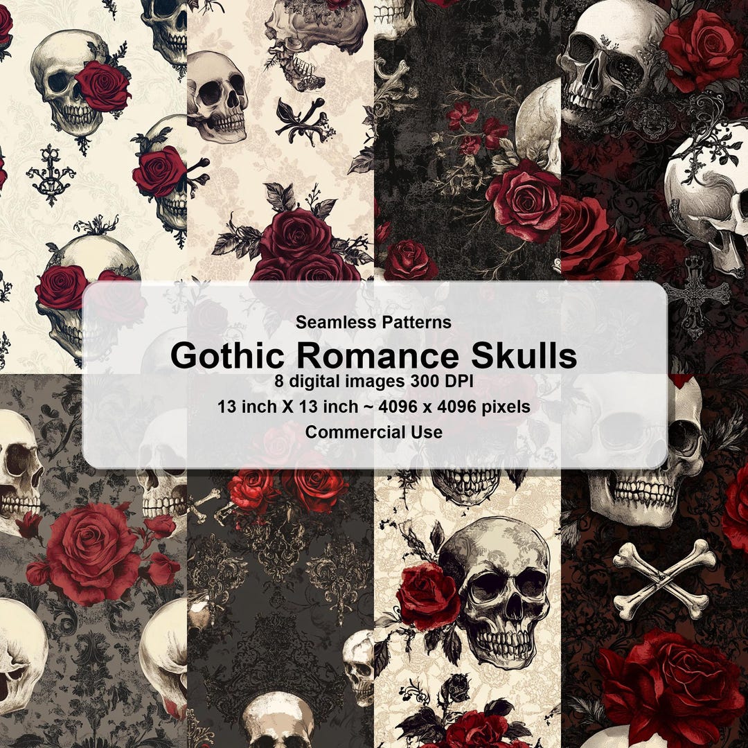 Gothic Romance Skulls Digital Pattern Seamless Skull & Roses Design ...