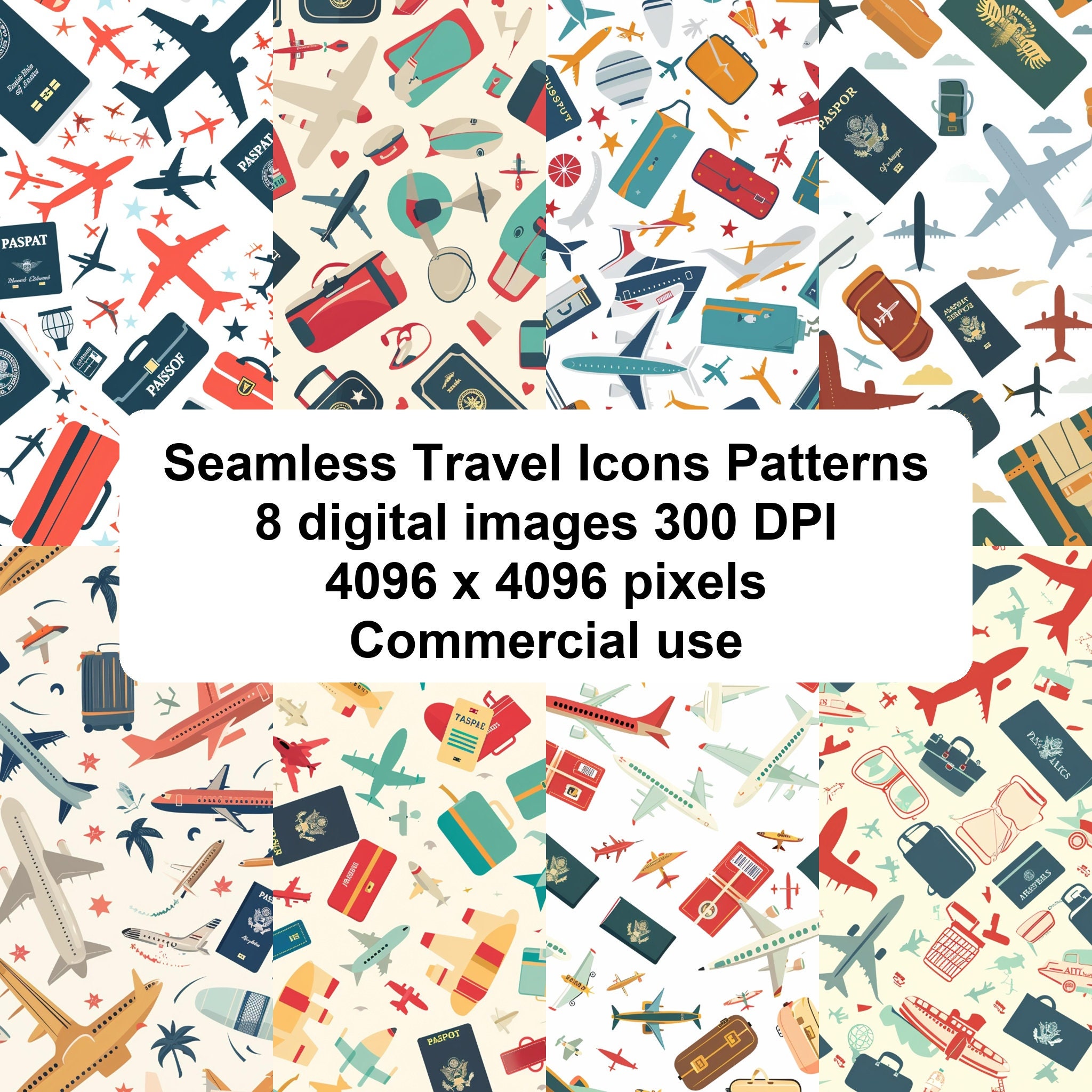 Travel Icons Seamless Patterns | Airplanes Passports Luggage - Etsy