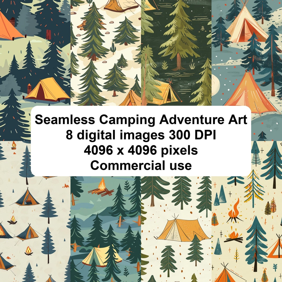 Camping Adventure Seamless Digital Patterns | Campfire & Tent Designs ...