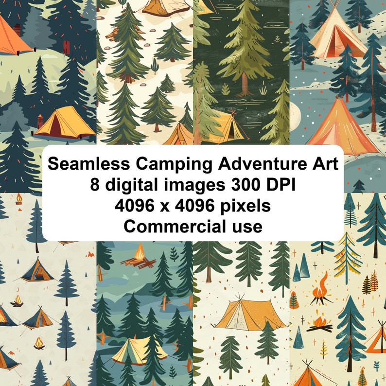 Camping Adventure Seamless Digital Patterns | Campfire & Tent Designs ...