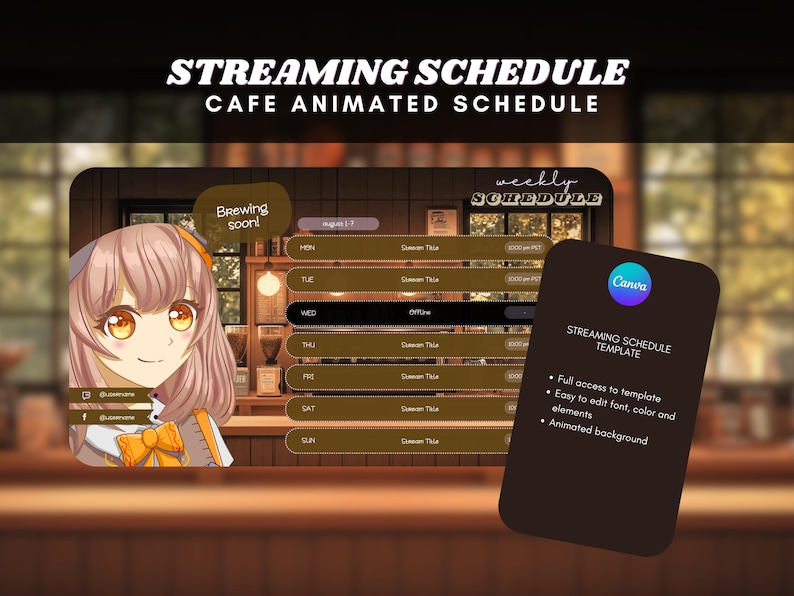 Cafe Twitch Stream Schedule Template Cafe Twitch Schedule Canva Weekly ...