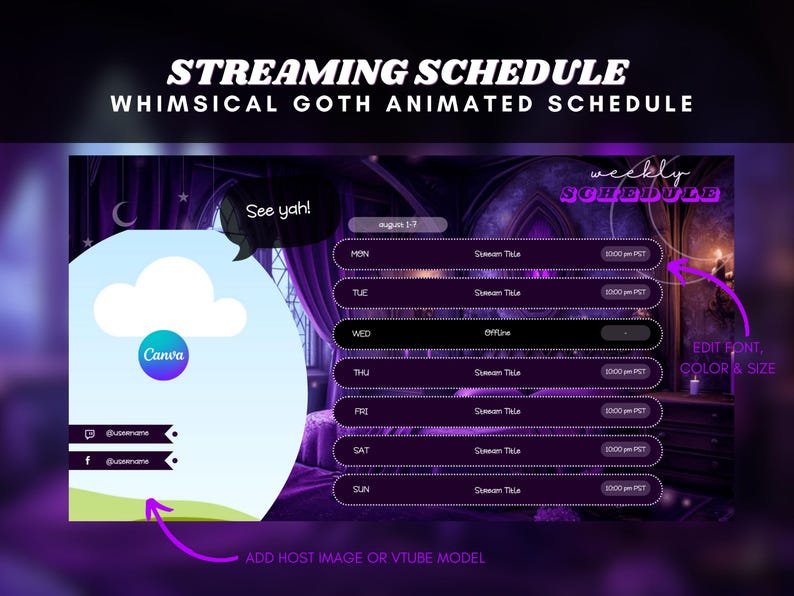 Purple Twitch Stream Schedule Template Goth Twitch Schedule Canva ...