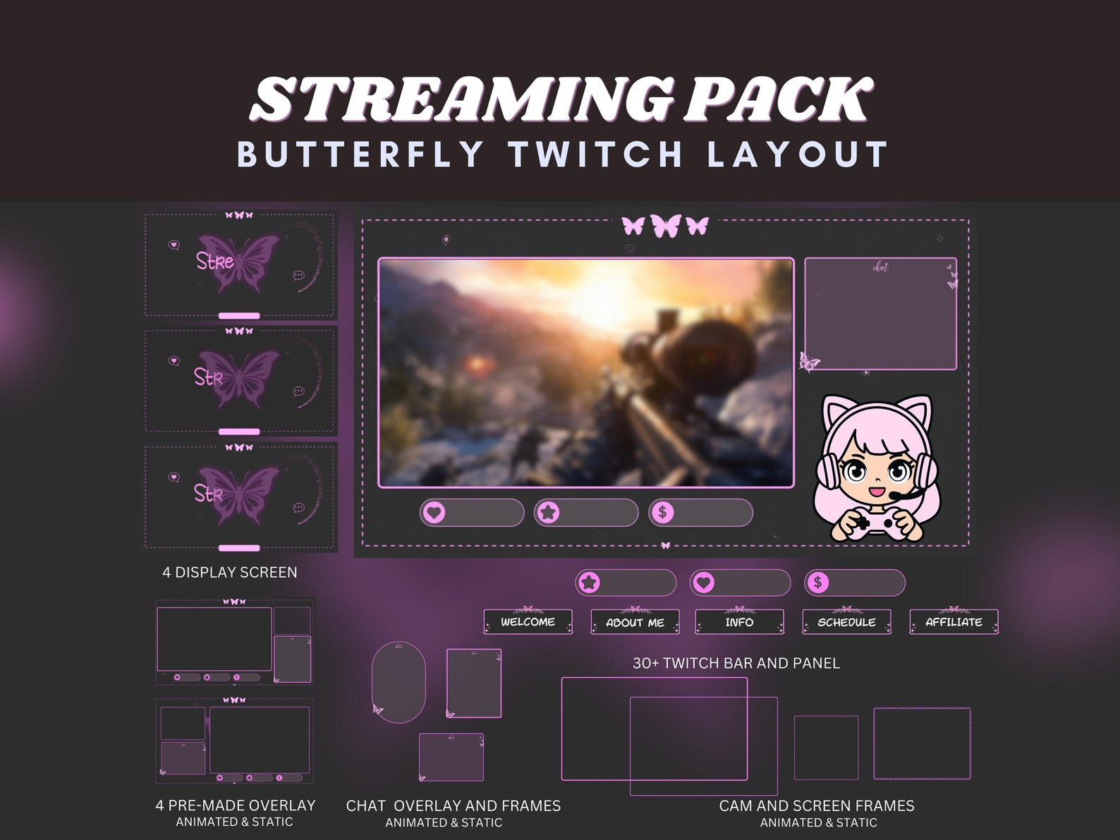 Butterfly Twitch Overlay Animated Butterfly Twitch Stream Layout Pink ...