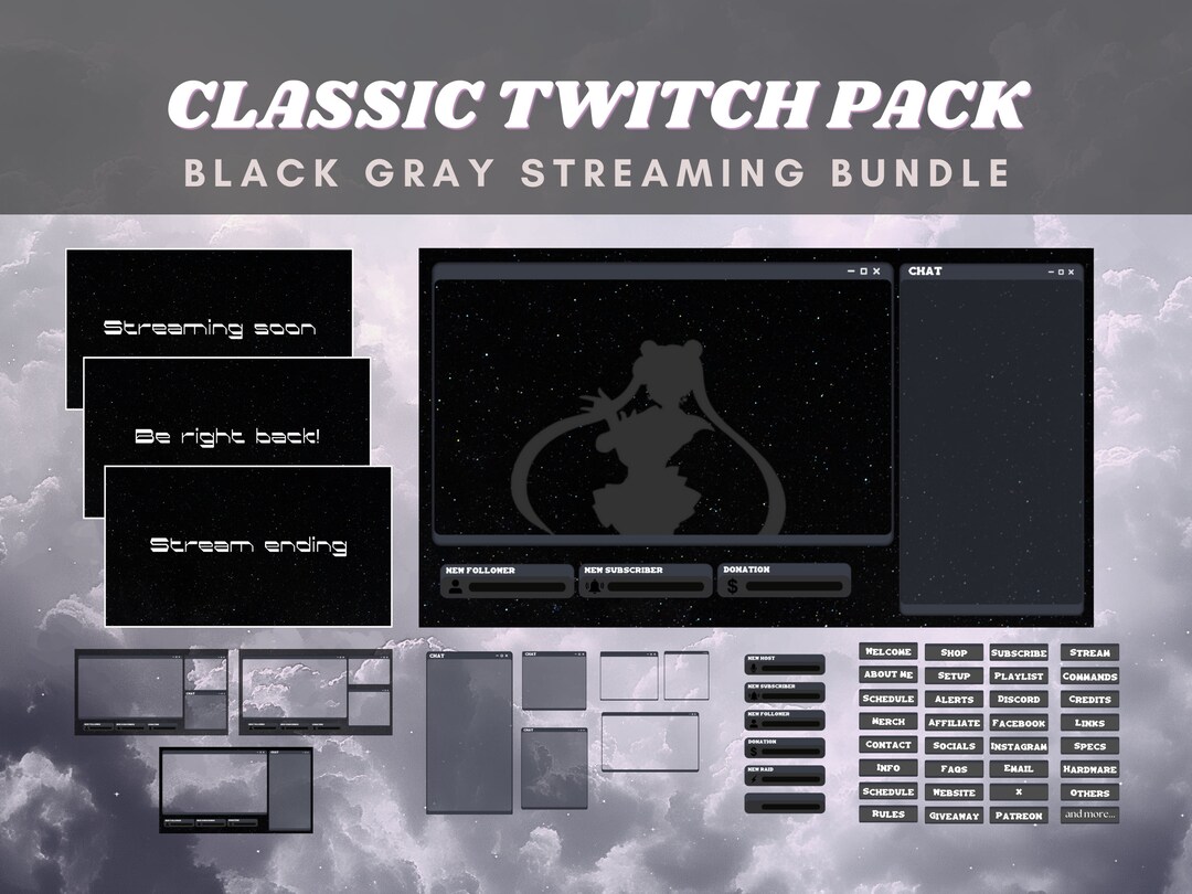 Classic Black Twitch Overlay Streaming Pack Gray Black Animated ...