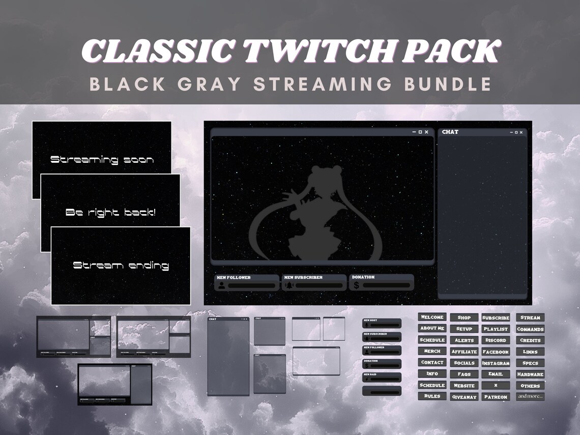 Classic Black Twitch Overlay Streaming Pack Gray Black Animated ...