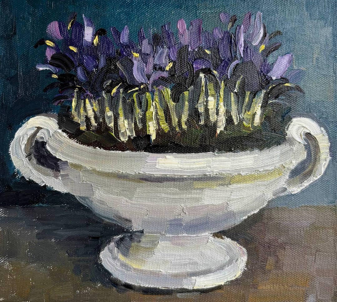 Purple Crocuses in Ceramic Planter – Oil Still Life, Gift, Decor, Free ...