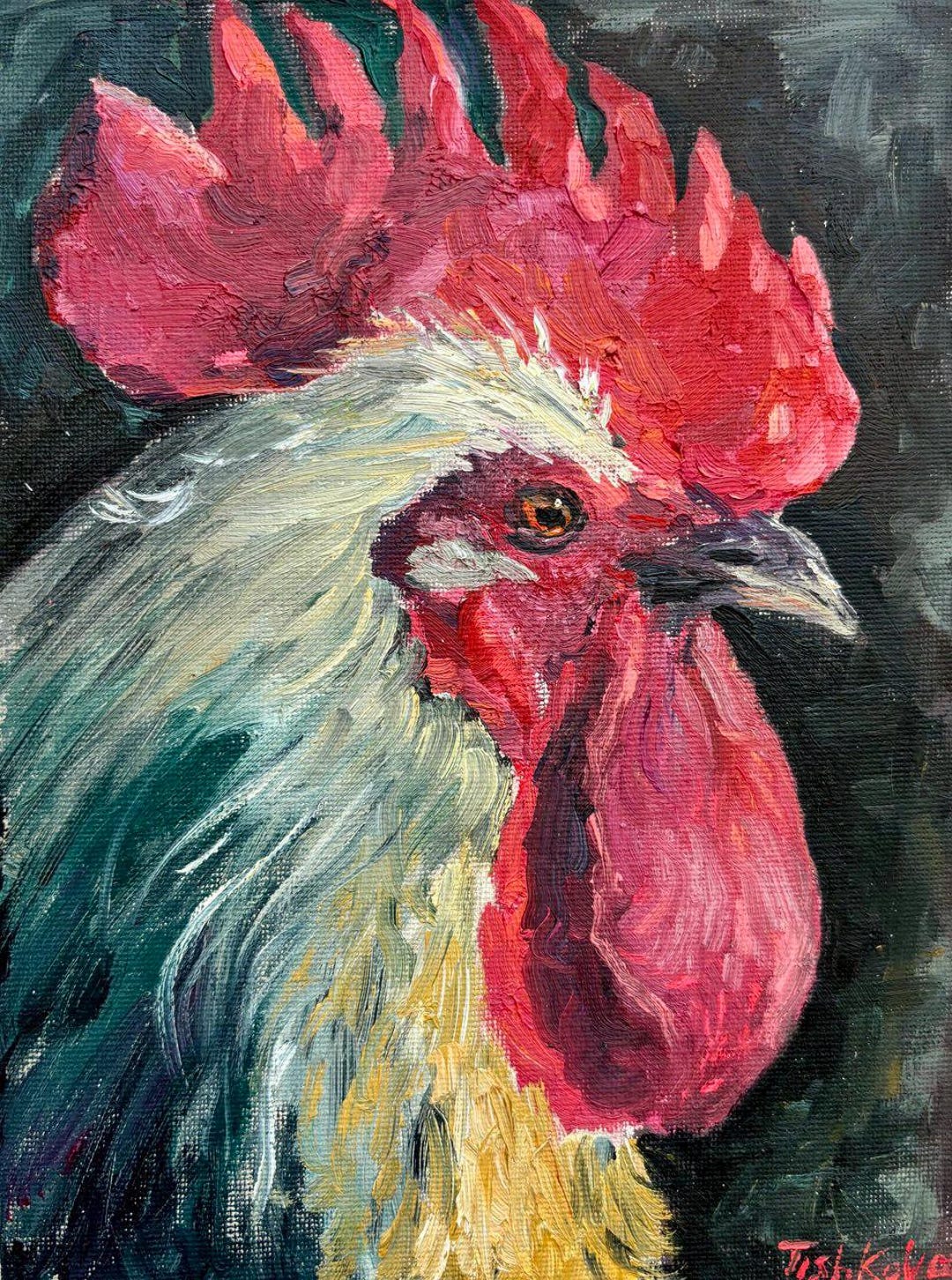 Crimson Crown – Original Rooster Oil Painting on Cardboard, Rustic ...