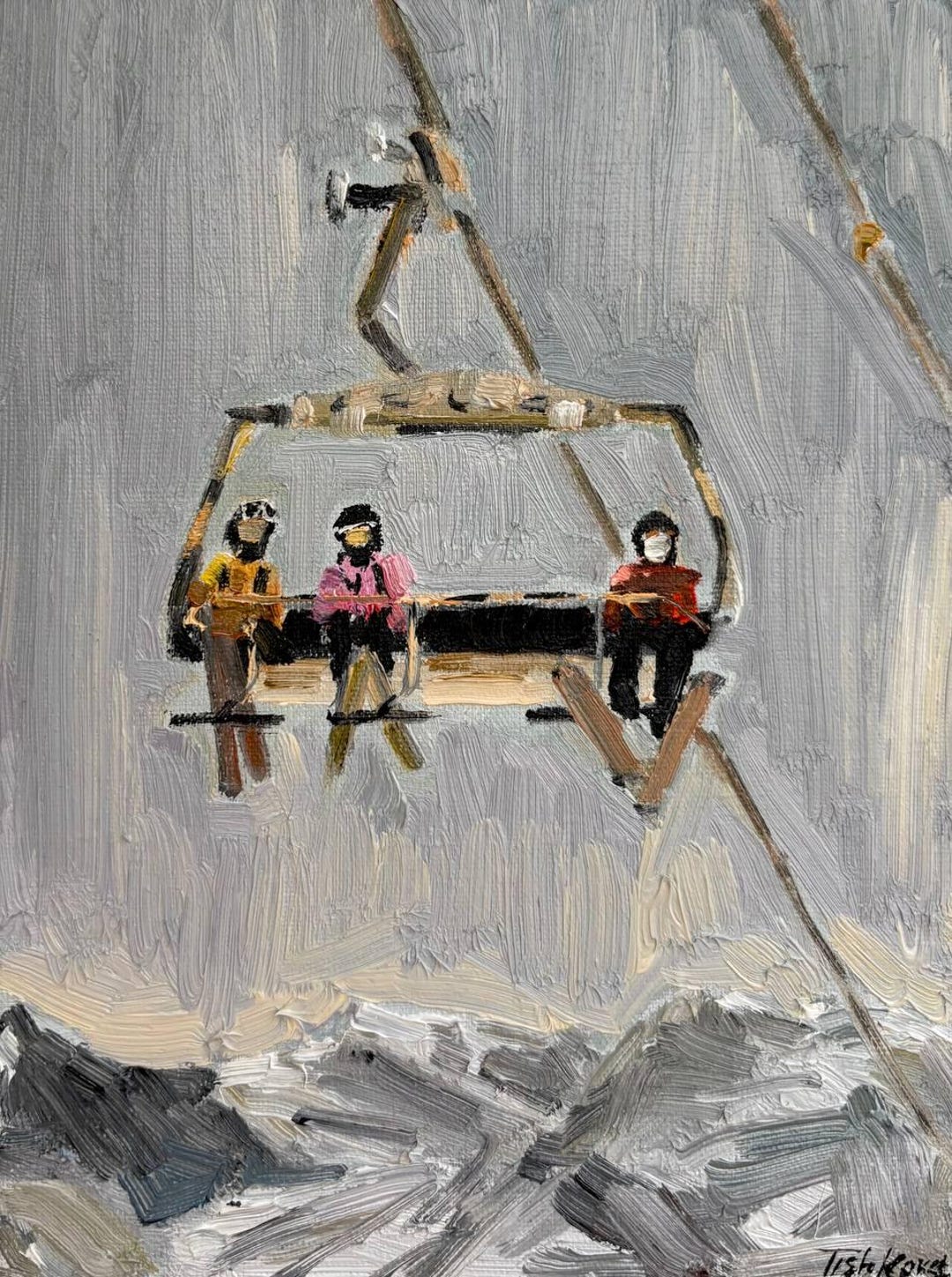 Ski Lift Winter Painting, Original Oil Art, Chairlift With Skiers, Cozy ...