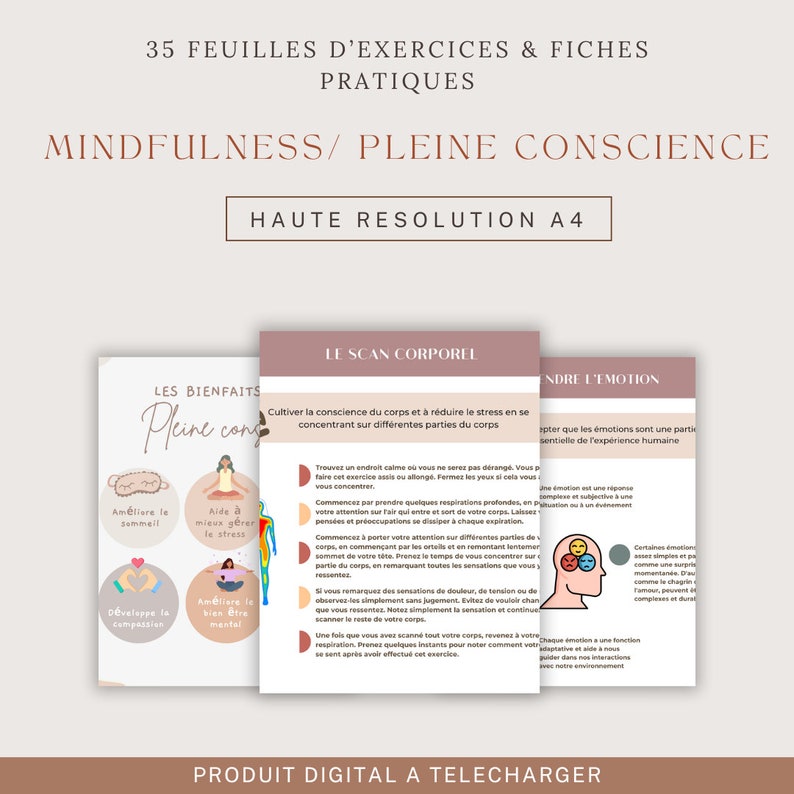 Feuilles d'exercices Pleine conscience Mindfulness Outil de Coaching Méditation Développement ...