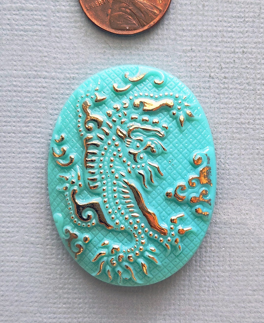 1 Vintage Czech Opaque Aqua Ornate Gold Dragon Motif Pattern 4 Way ...