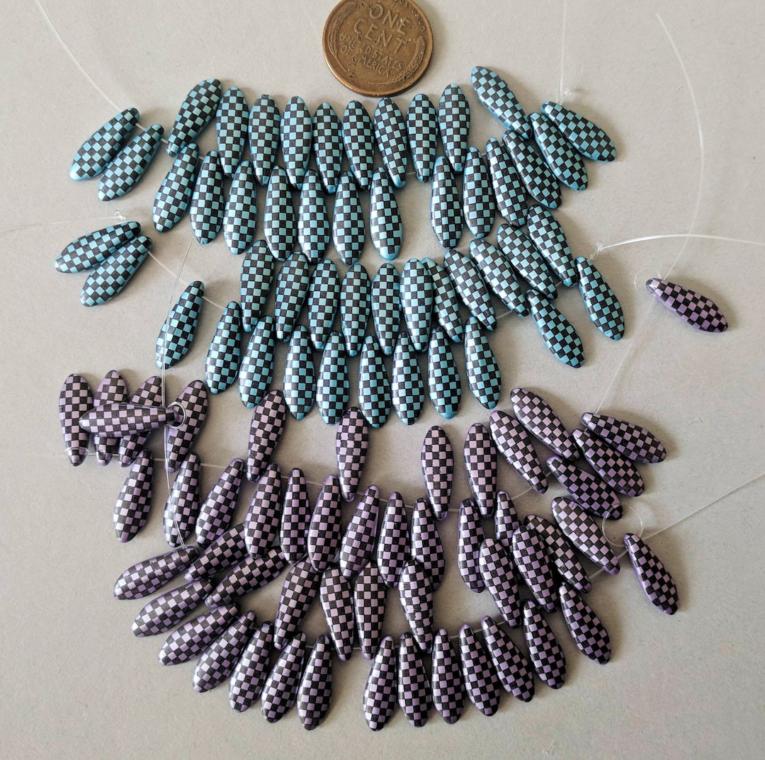 25 Czech Metallic Checkerboard Pattern Glass Dagger Beads, 16x5mm ...