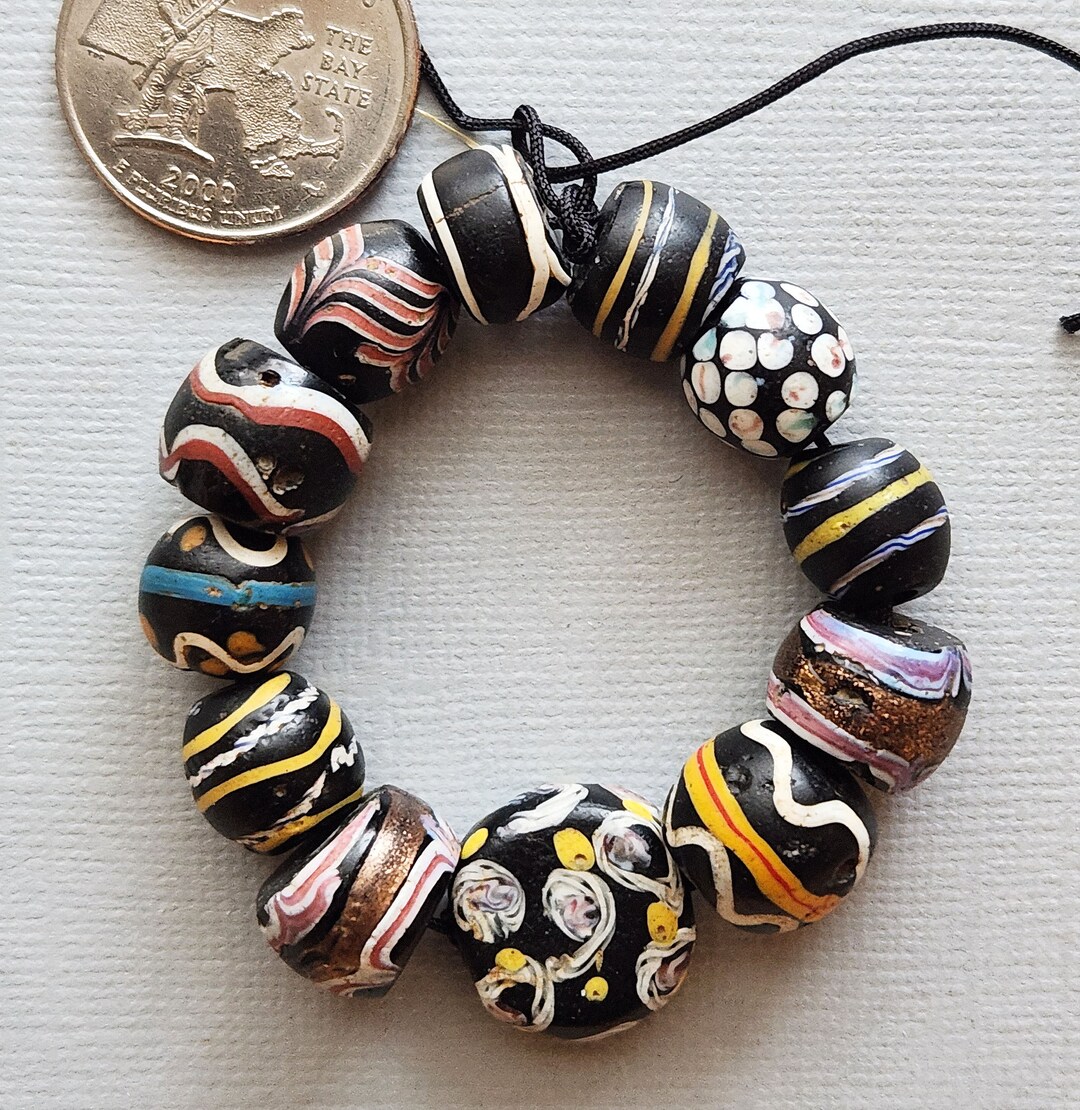 12 Venetian Trade Bead Mix, Flat Tab Coin Beads, Aventurine Rounds ...