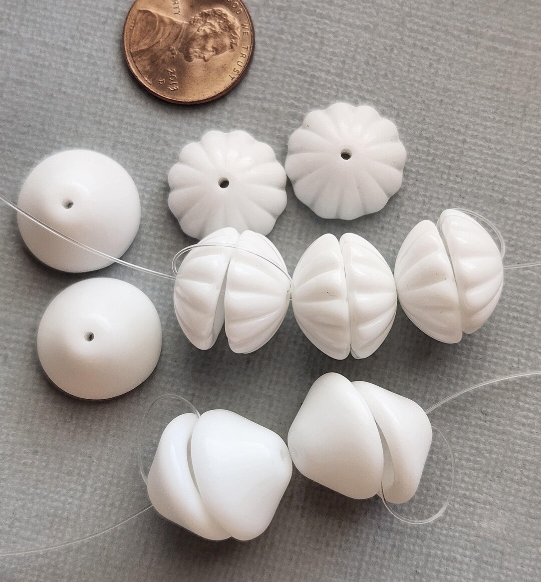 Set of 14 (7 Pairs) Vintage Opaque White Glass Large Drilled Bead Caps ...