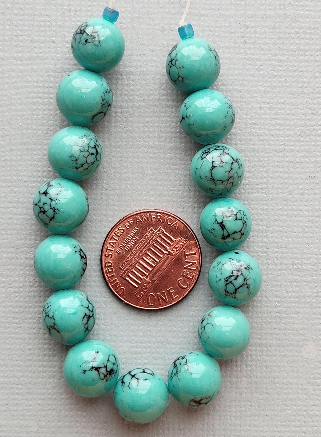 15 Vintage Japanese Opaque Aqua Round Approx. 10-11mm With Black ...
