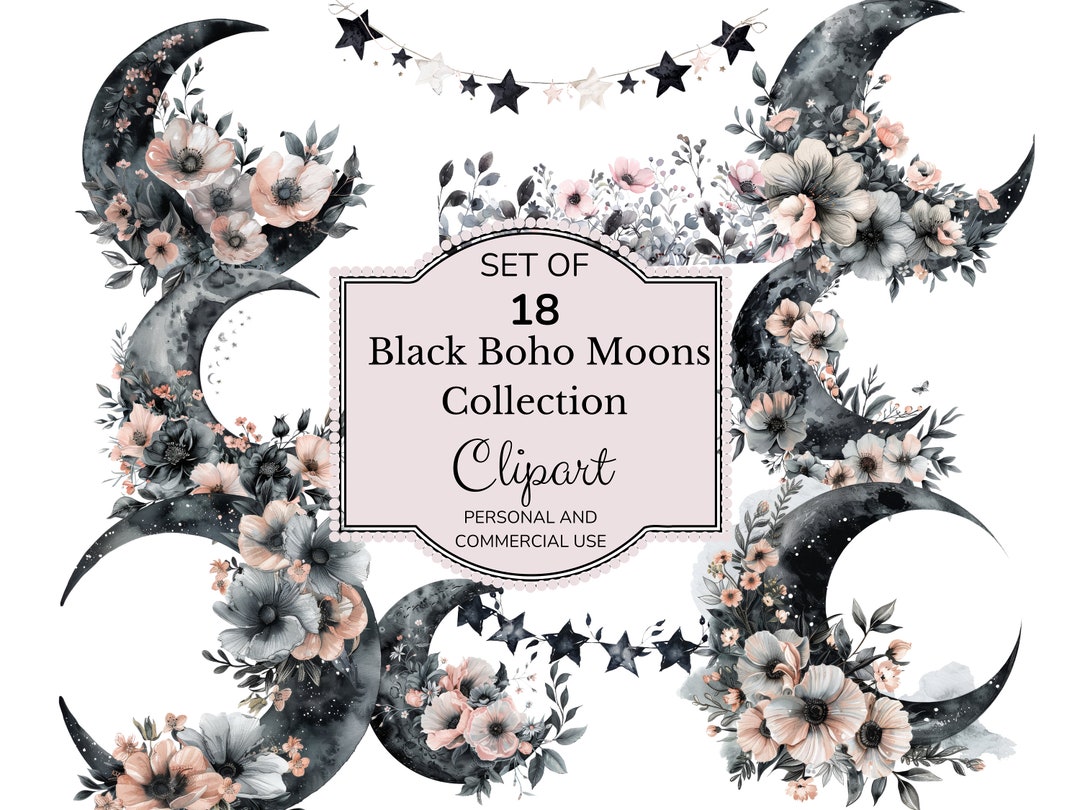 Black Boho Floral Moon Clipart | Crescent Moon Clipart | Halloween ...