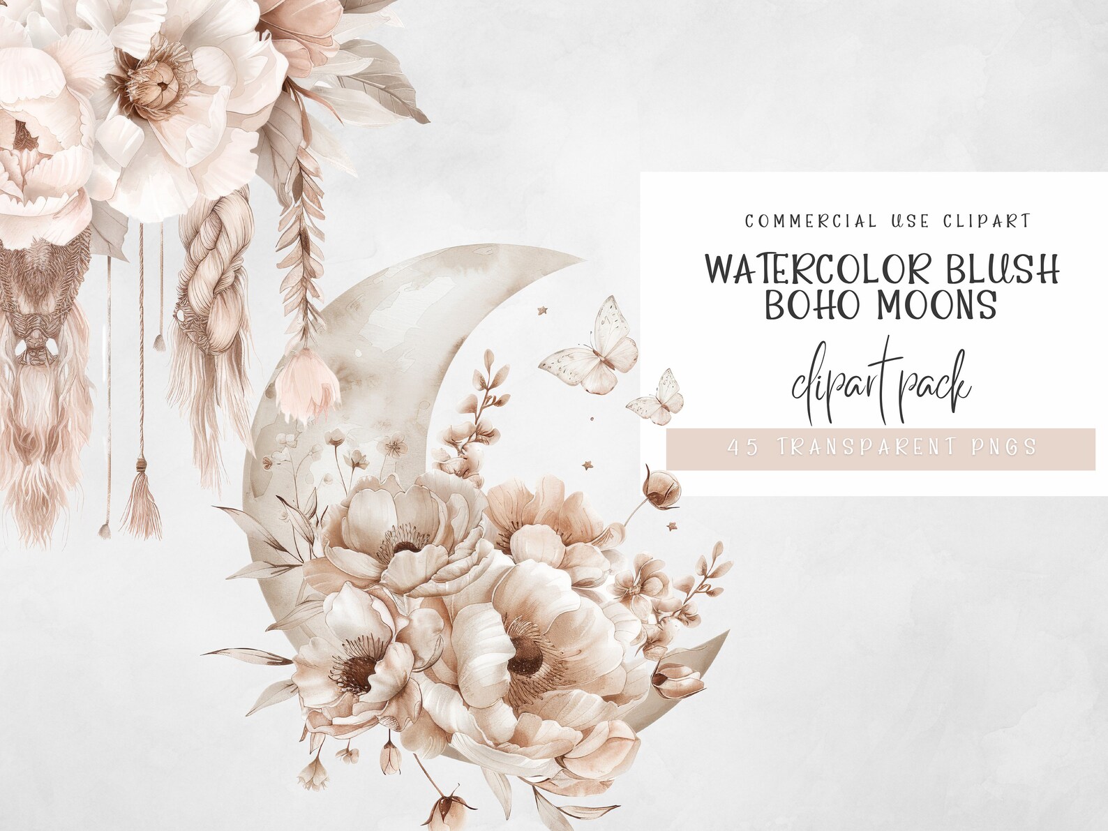Blush Boho Floral Moon Clipart | Crescent Moon Clipart | Peony Floral ...