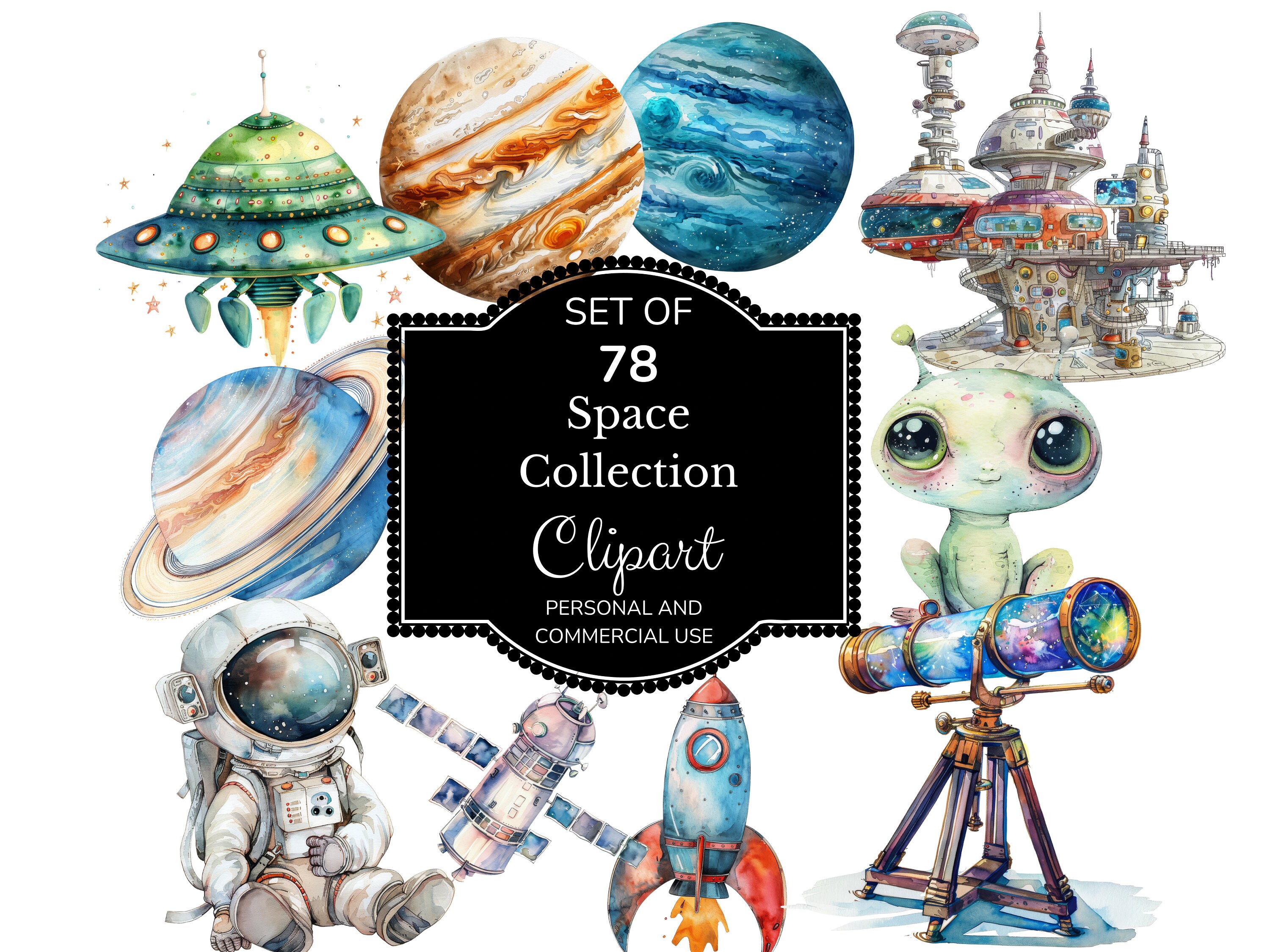 Space Watercolor Clipart | Watercolor Planets Clipart | Space Digital ...