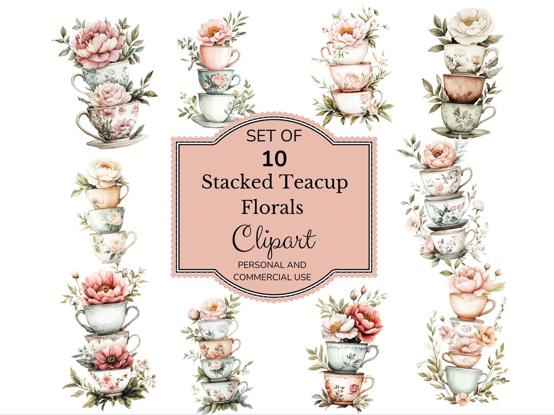 Watercolor Tea Party Clip Art, Vintage Teacup Stack PNG, Floral Roses ...