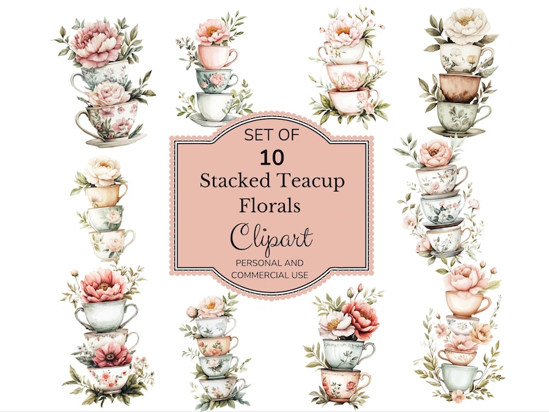 Watercolor Tea Party Clip Art, Vintage Teacup Stack PNG, Floral Roses ...