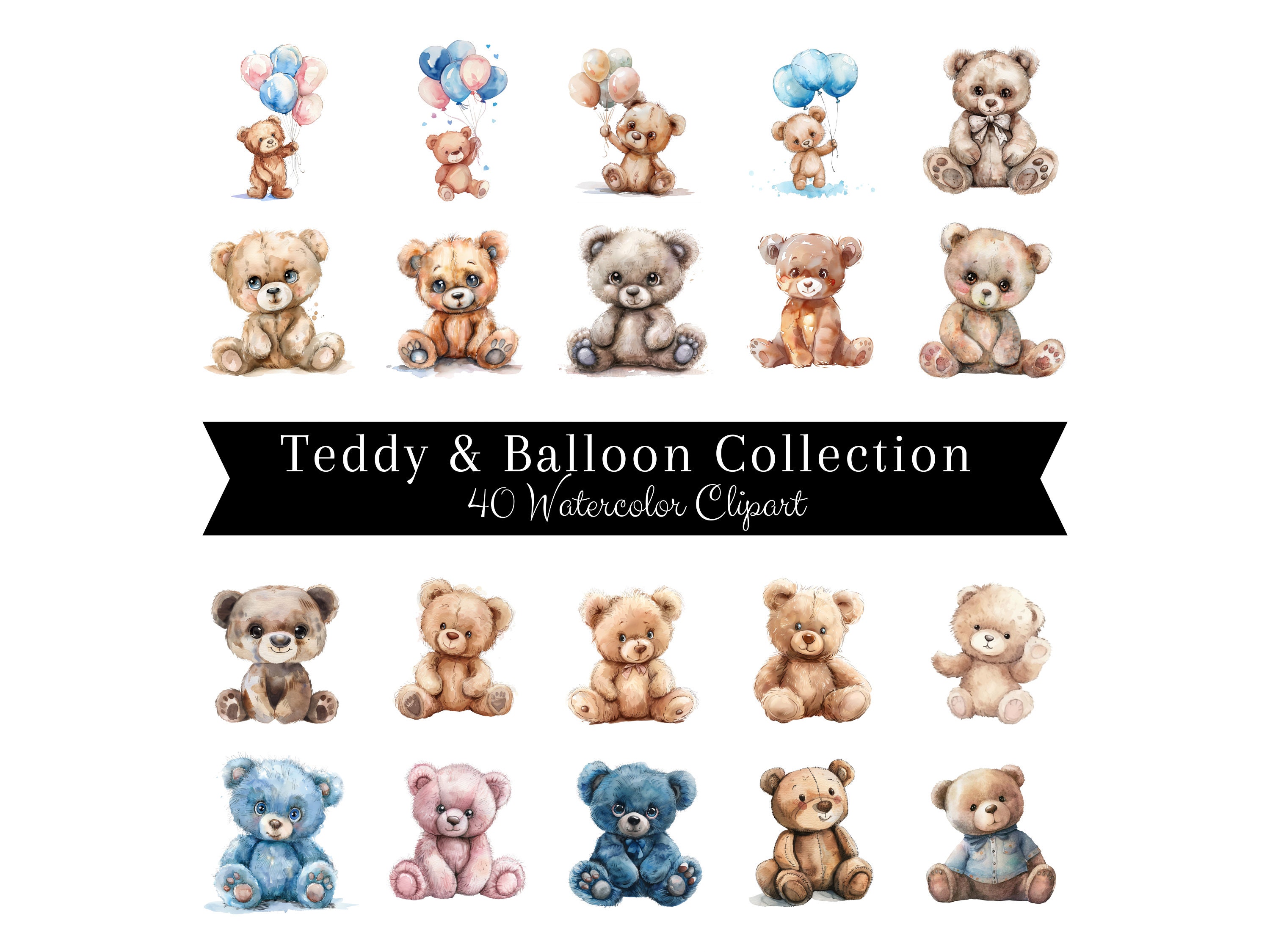 Watercolor Teddy Bear and Balloons Clipart Balloons PNG Clipart Teddy ...