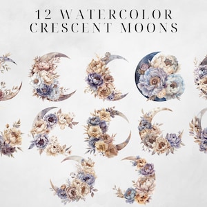 Boho Floral Moon Clipart | Crescent Moon Clipart | Peony Floral Clipart ...