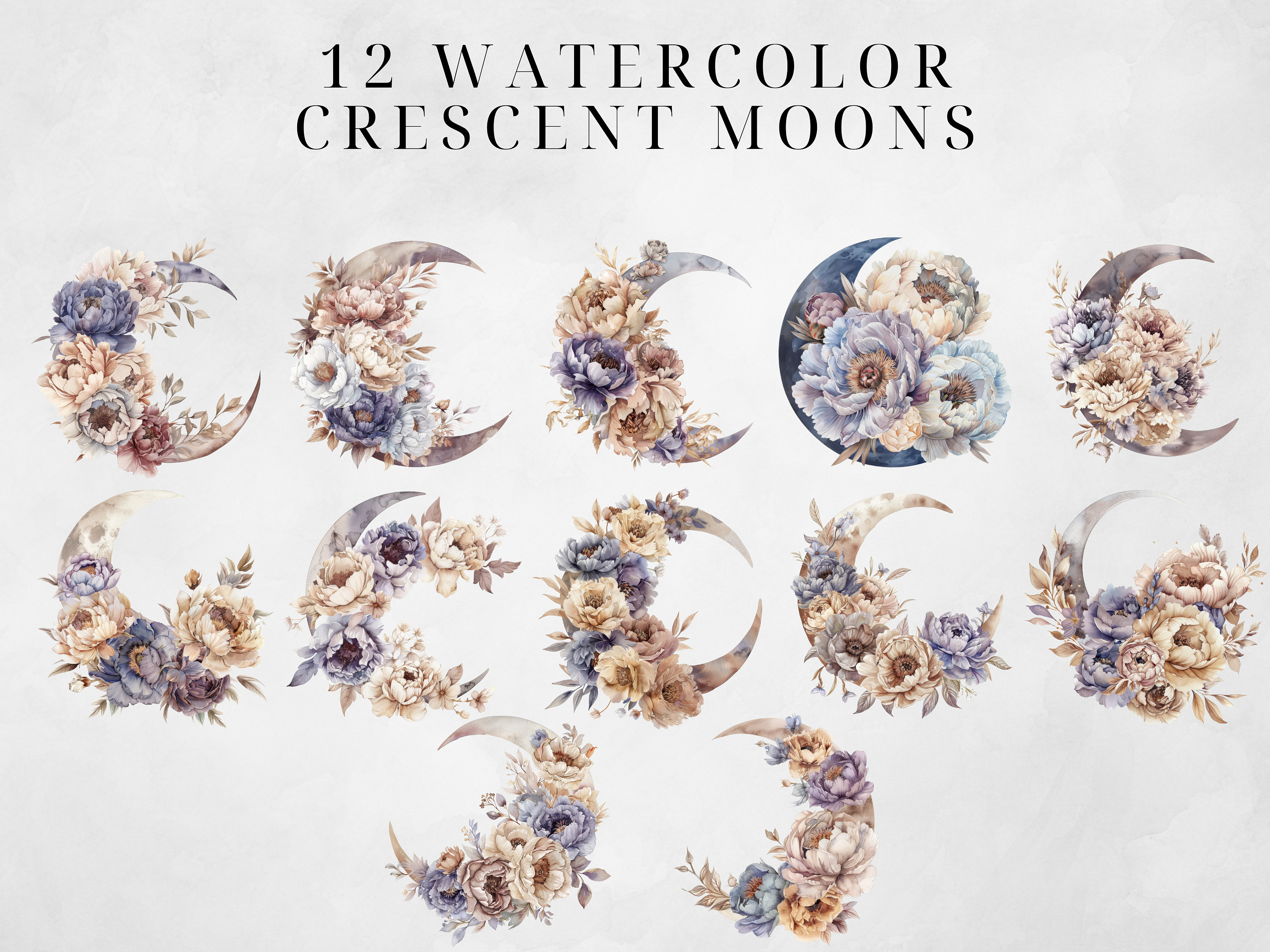 Boho Floral Moon Clipart | Crescent Moon Clipart | Peony Floral Clipart ...