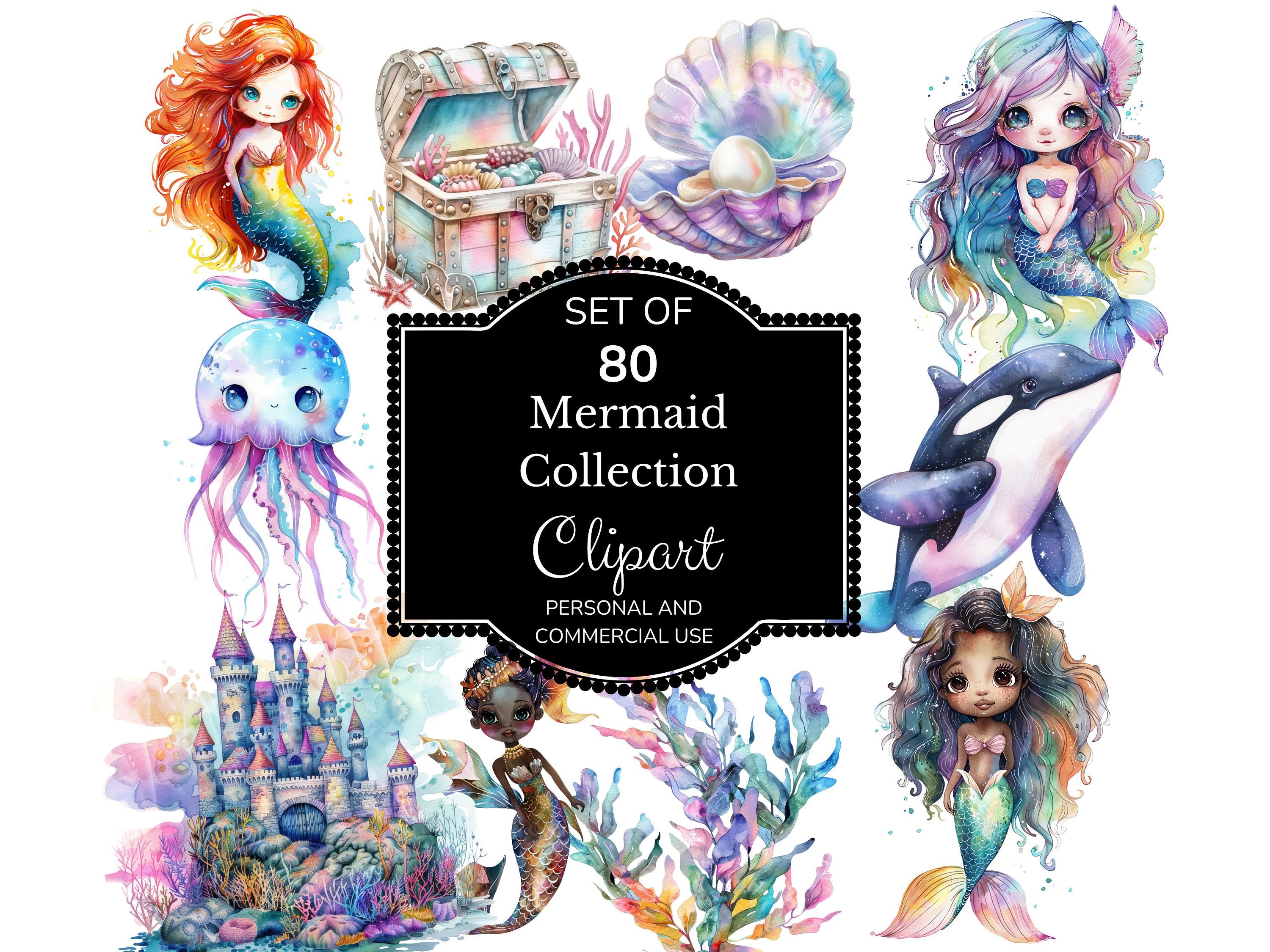 Watercolor Mermaid Clipart Bundle | Under the Sea Clipart | Watercolor ...
