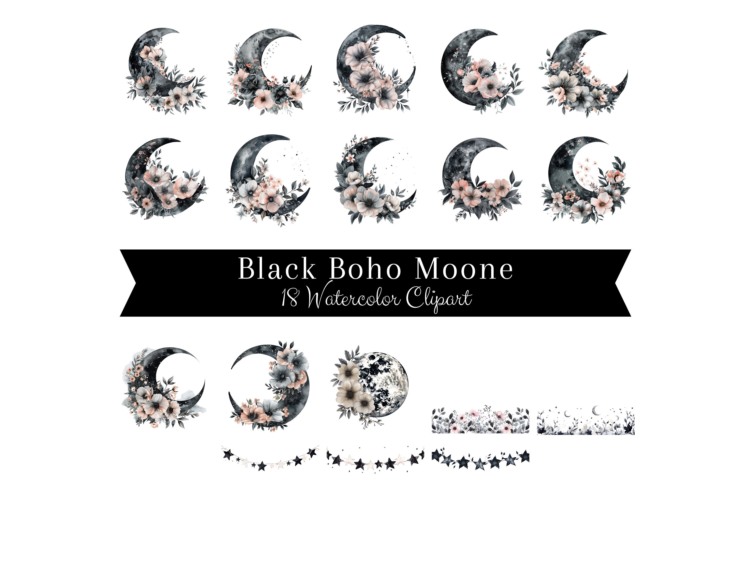 Black Boho Floral Moon Clipart | Crescent Moon Clipart | Halloween ...