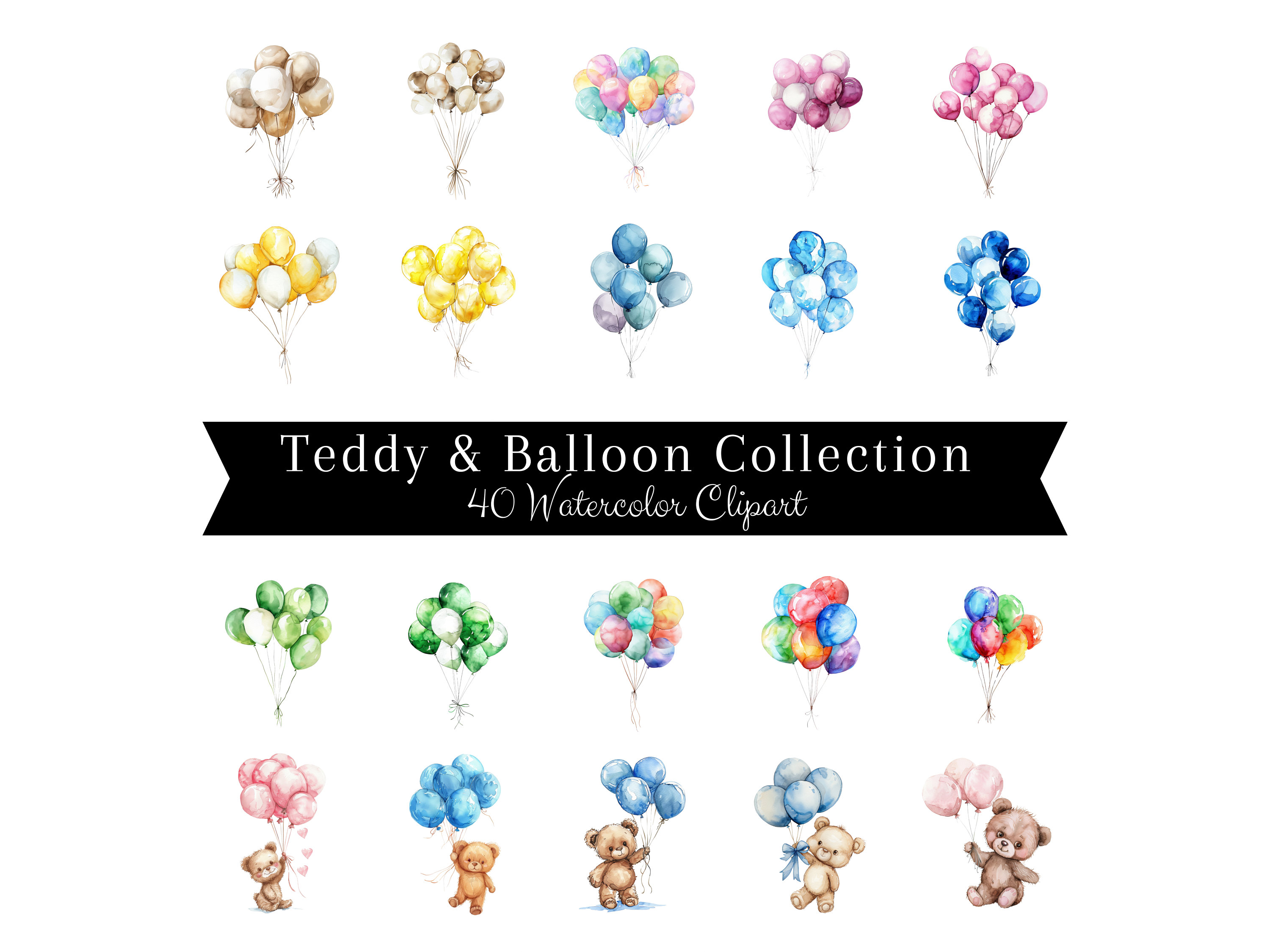 Watercolor Teddy Bear and Balloons Clipart Balloons PNG Clipart Teddy ...