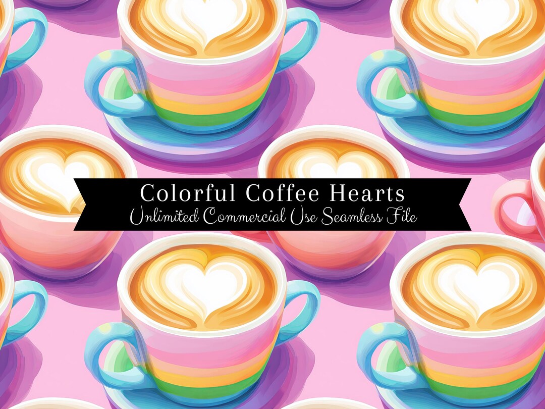 Rainbow Coffee Heart Seamless Pattern | Watercolor Coffee Digital Paper ...