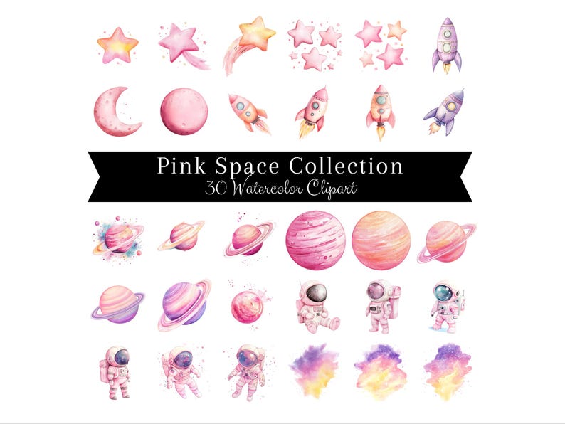 Watercolor Pink Space Clipart Bundle | Cute Astronauts | Rocket and ...