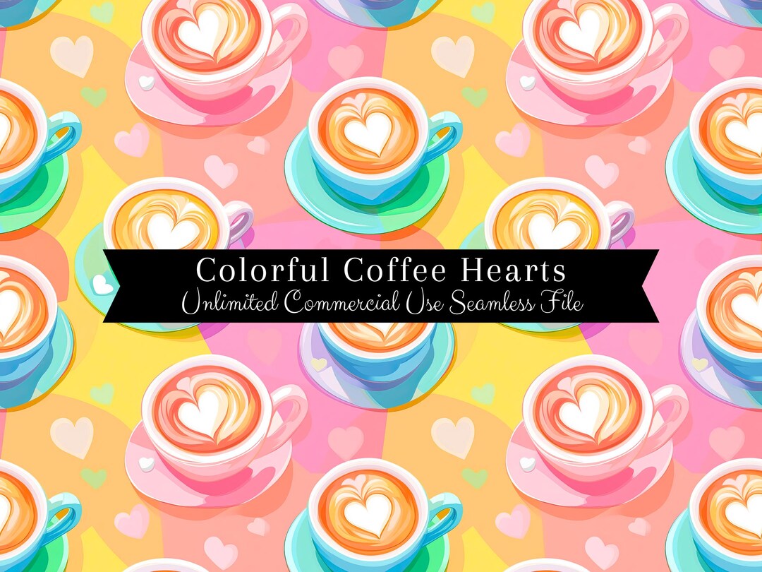 Rainbow Coffee Heart Seamless Pattern | Watercolor Coffee Digital Paper ...