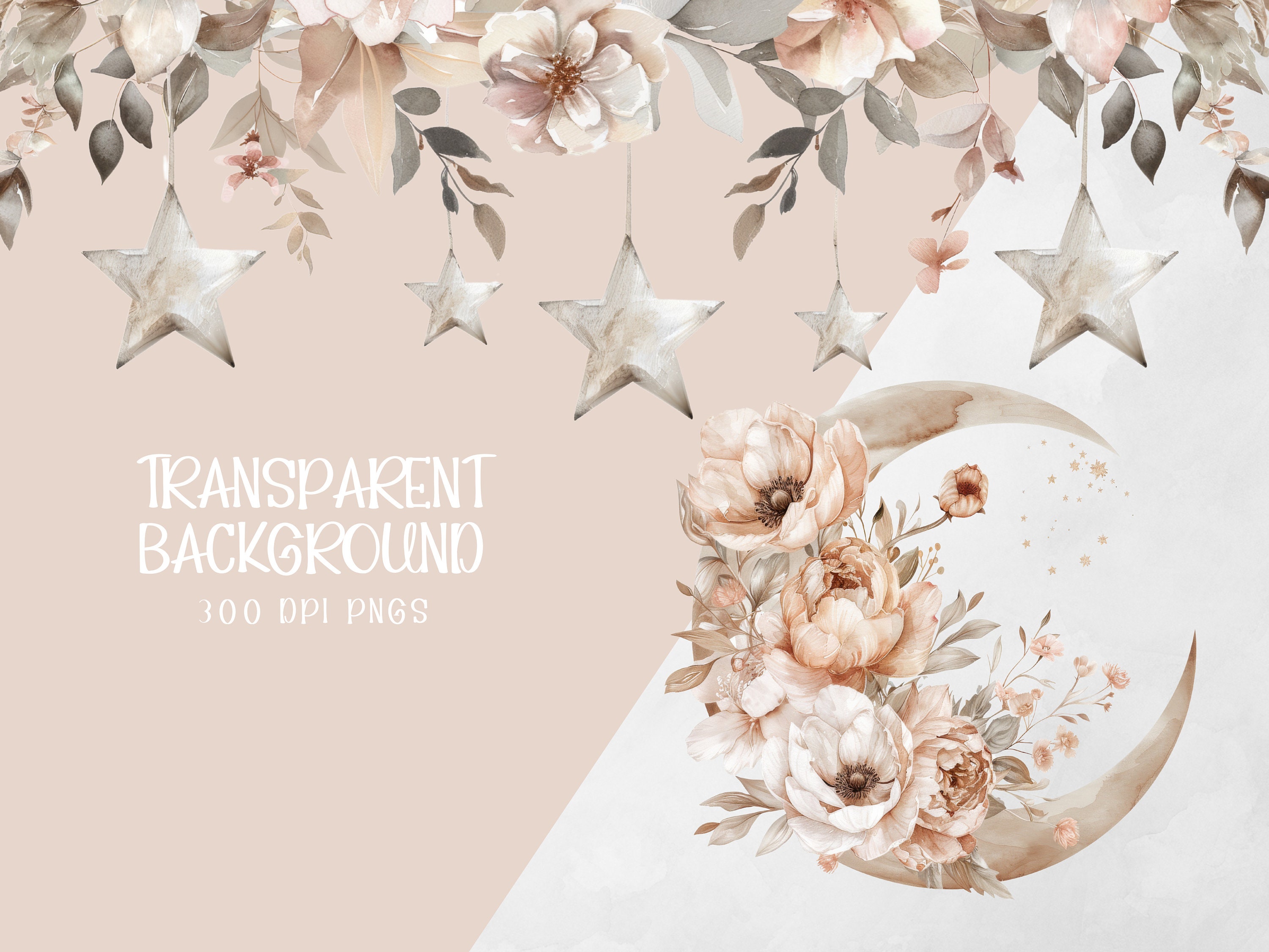Blush Boho Floral Moon Clipart | Crescent Moon Clipart | Peony Floral ...