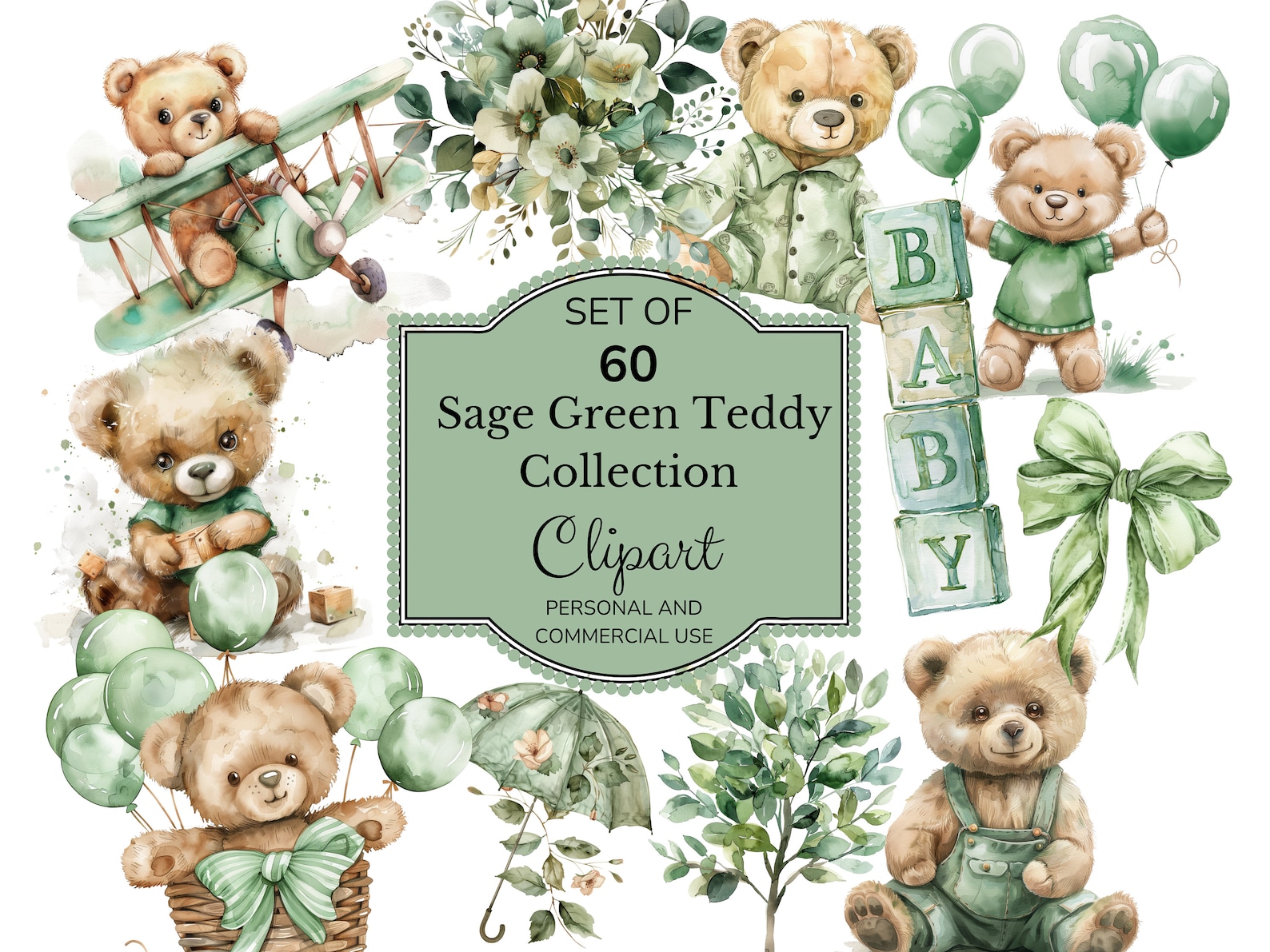 Watercolor Sage Green Clipart | Teddy Bear Clipart | Baby Shower ...