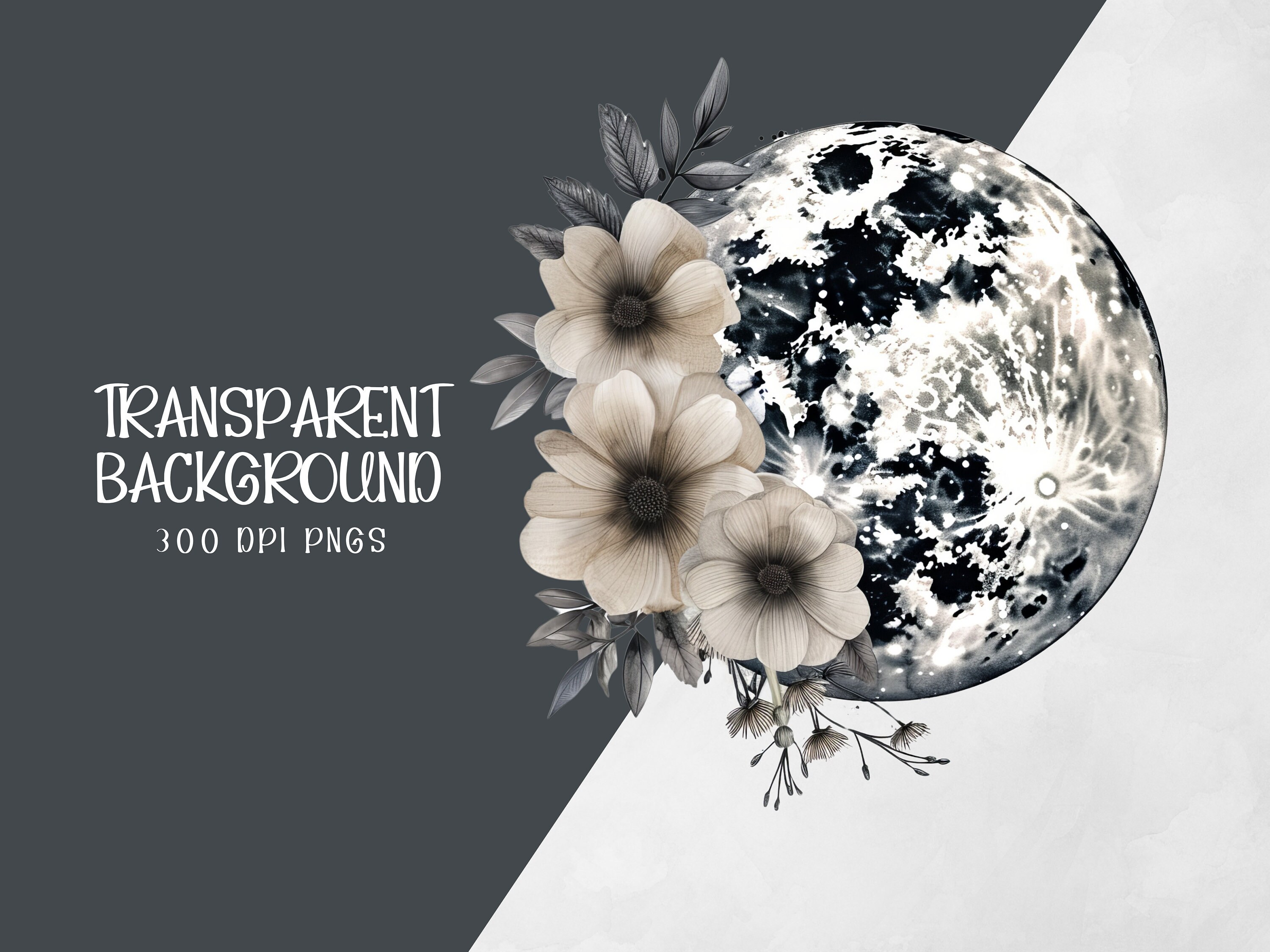 Black Boho Floral Moon Clipart | Crescent Moon Clipart | Halloween ...