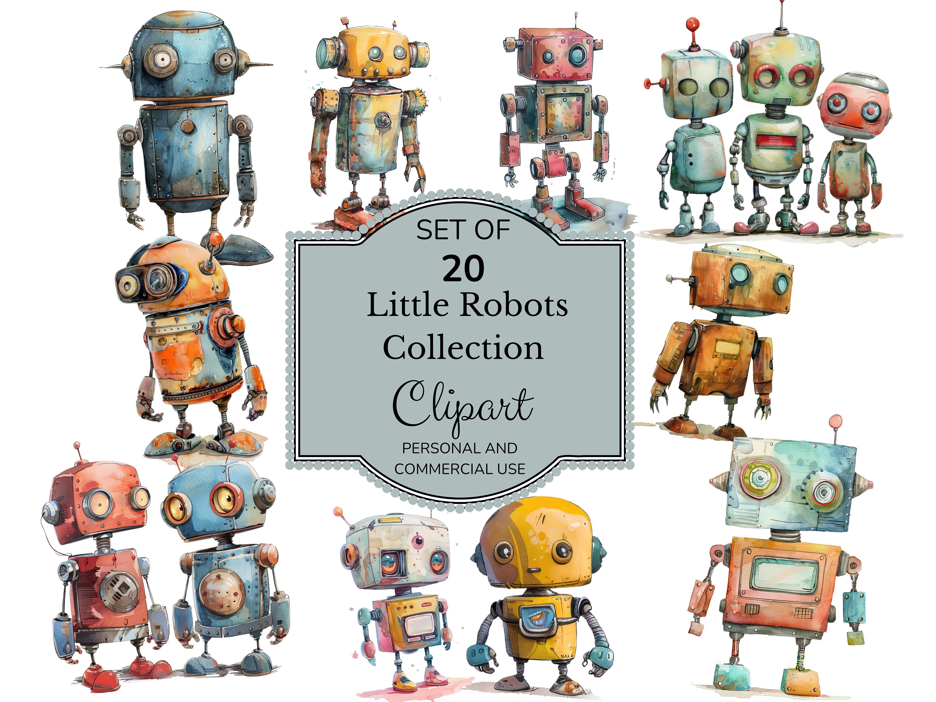 Cute Robot Watercolor Clip Art | Commercial Use | Transparent Pngs ...