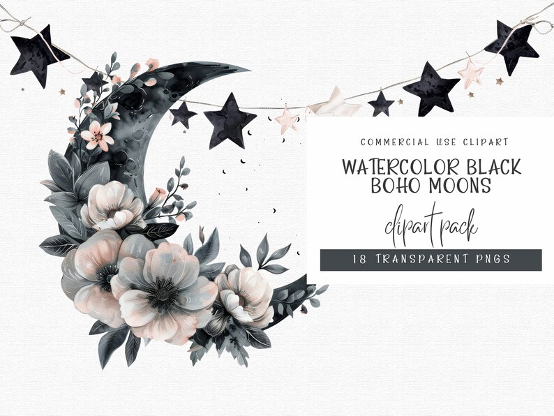 Black Boho Floral Moon Clipart | Crescent Moon Clipart | Halloween ...