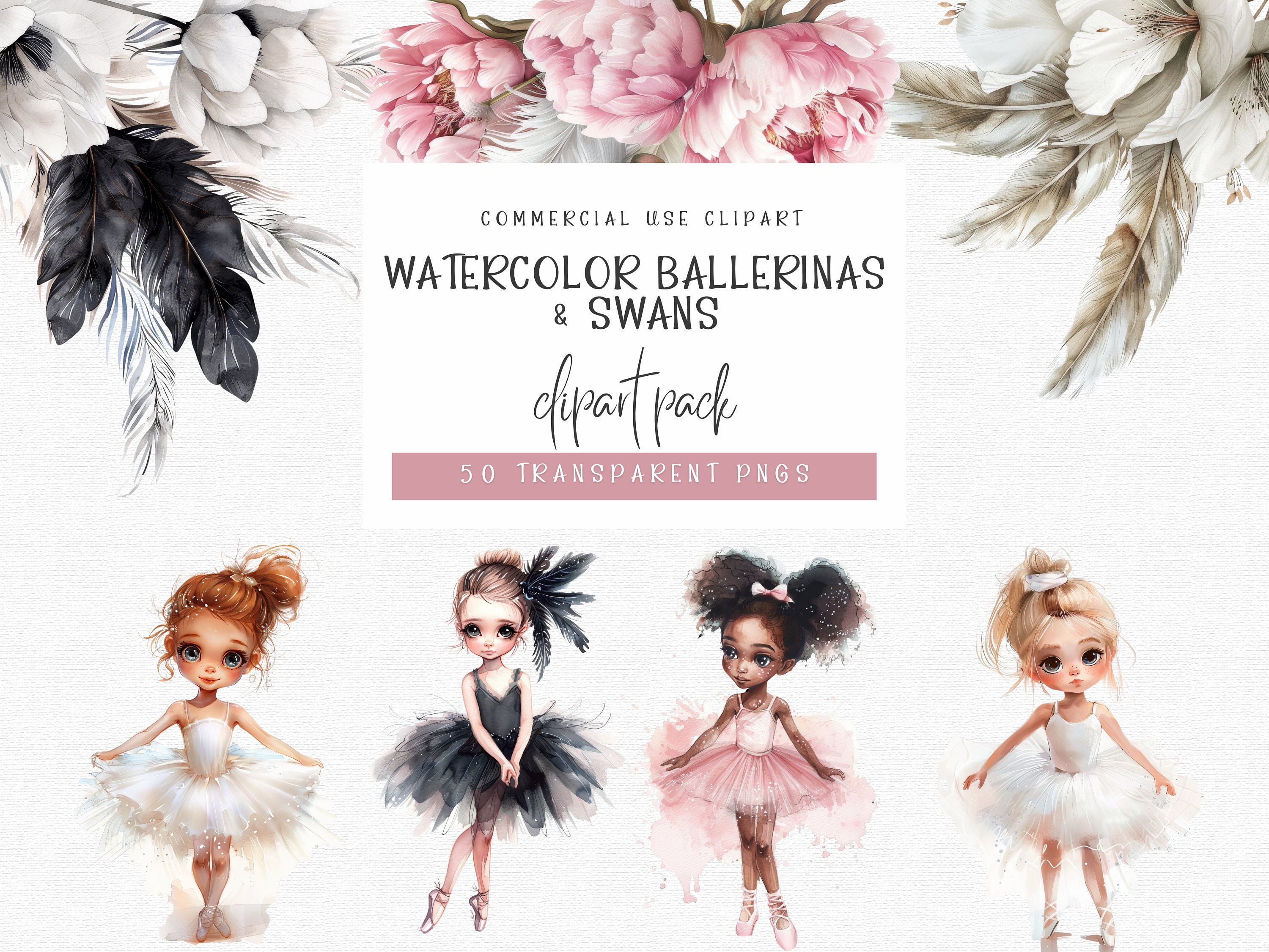 Watercolor Ballerina Clipart | Pink Ballerinas Clipart | Black ...