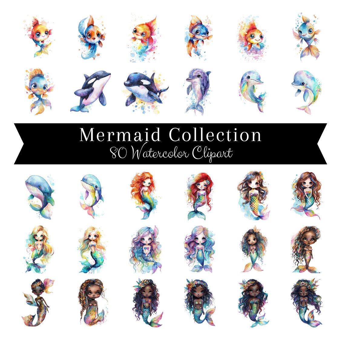 Watercolor Mermaid Clipart Bundle | Under the Sea Clipart | Watercolor ...