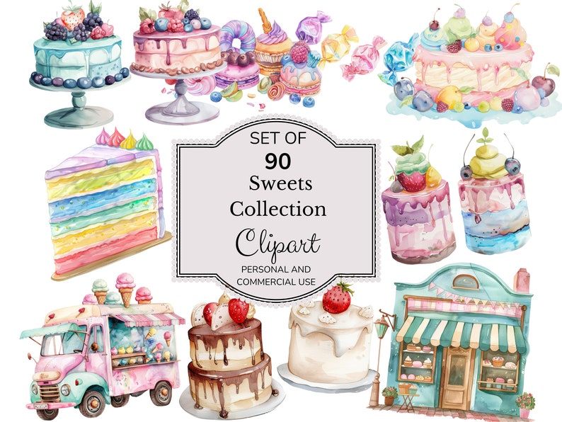 Watercolor Sweet Shop Clipart Watercolor Sweets Clipart Dessert Clip ...