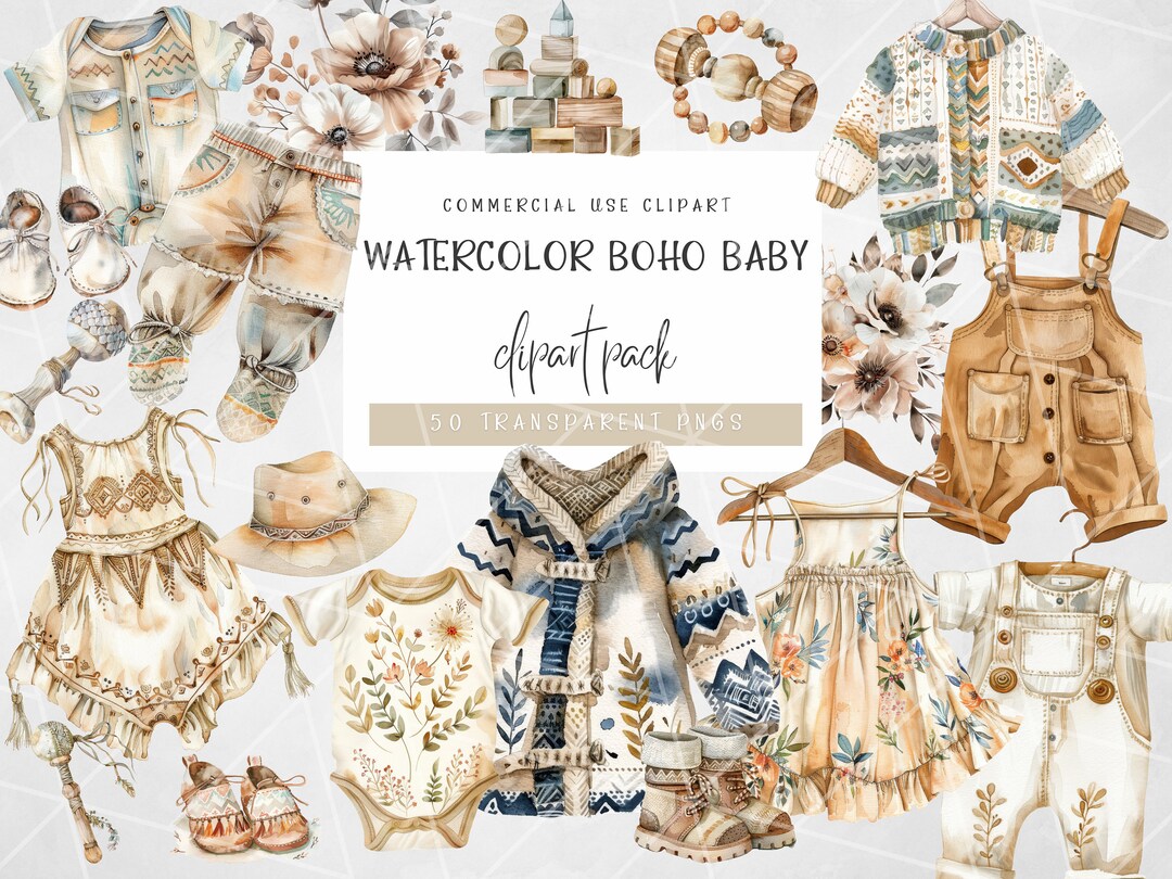 Watercolor Boho Baby Clothes Clipart | Boho Baby Girl Clipart | Boho ...
