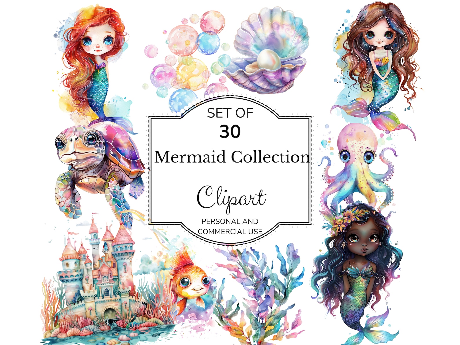 Watercolor Mermaid Clipart Bundle | Under the Sea Clipart | Watercolor ...