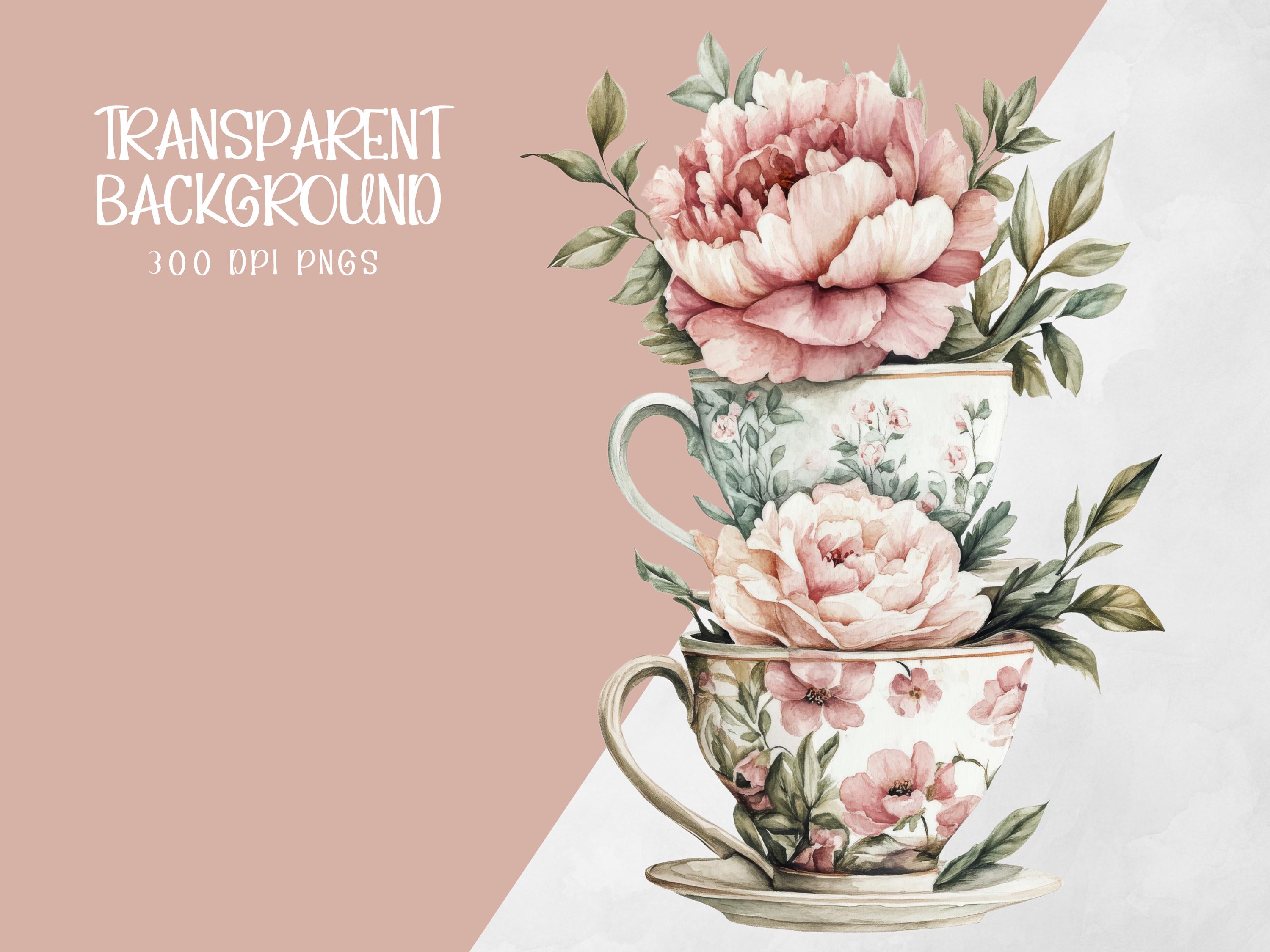 Watercolor Tea Party Clip Art, Vintage Teacup Stack PNG, Floral Roses ...