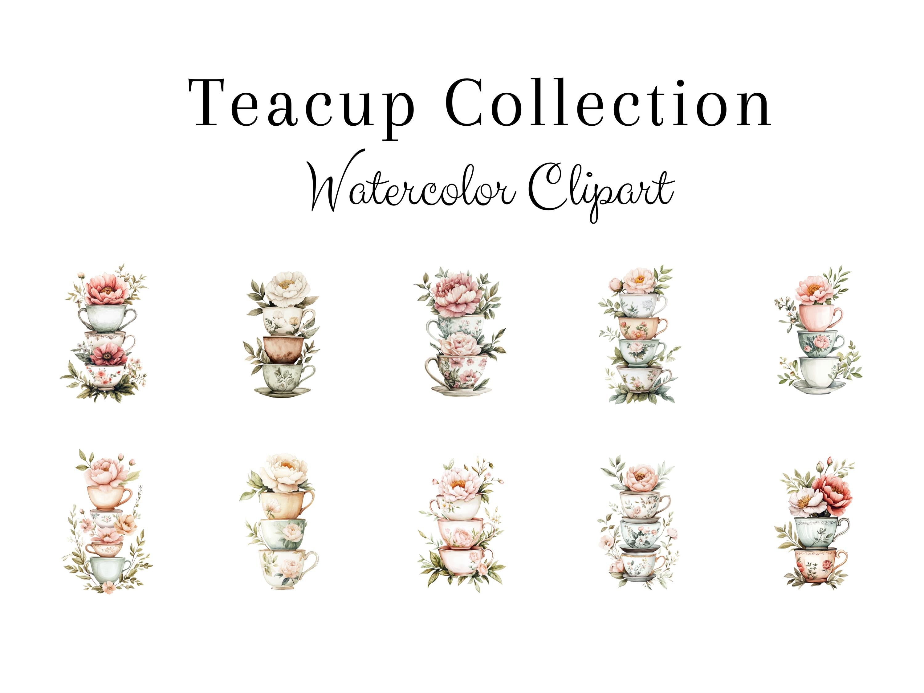 Watercolor Tea Party Clip Art, Vintage Teacup Stack PNG, Floral Roses ...
