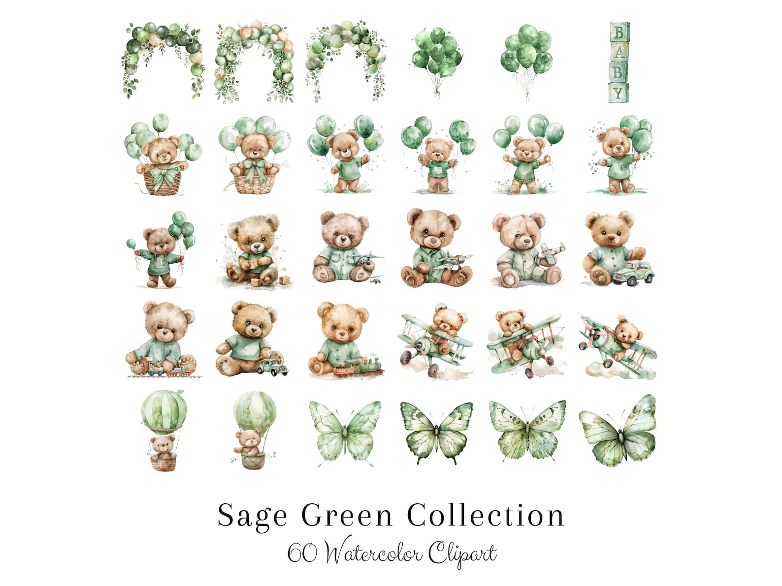 Watercolor Sage Green Clipart | Teddy Bear Clipart | Baby Shower ...