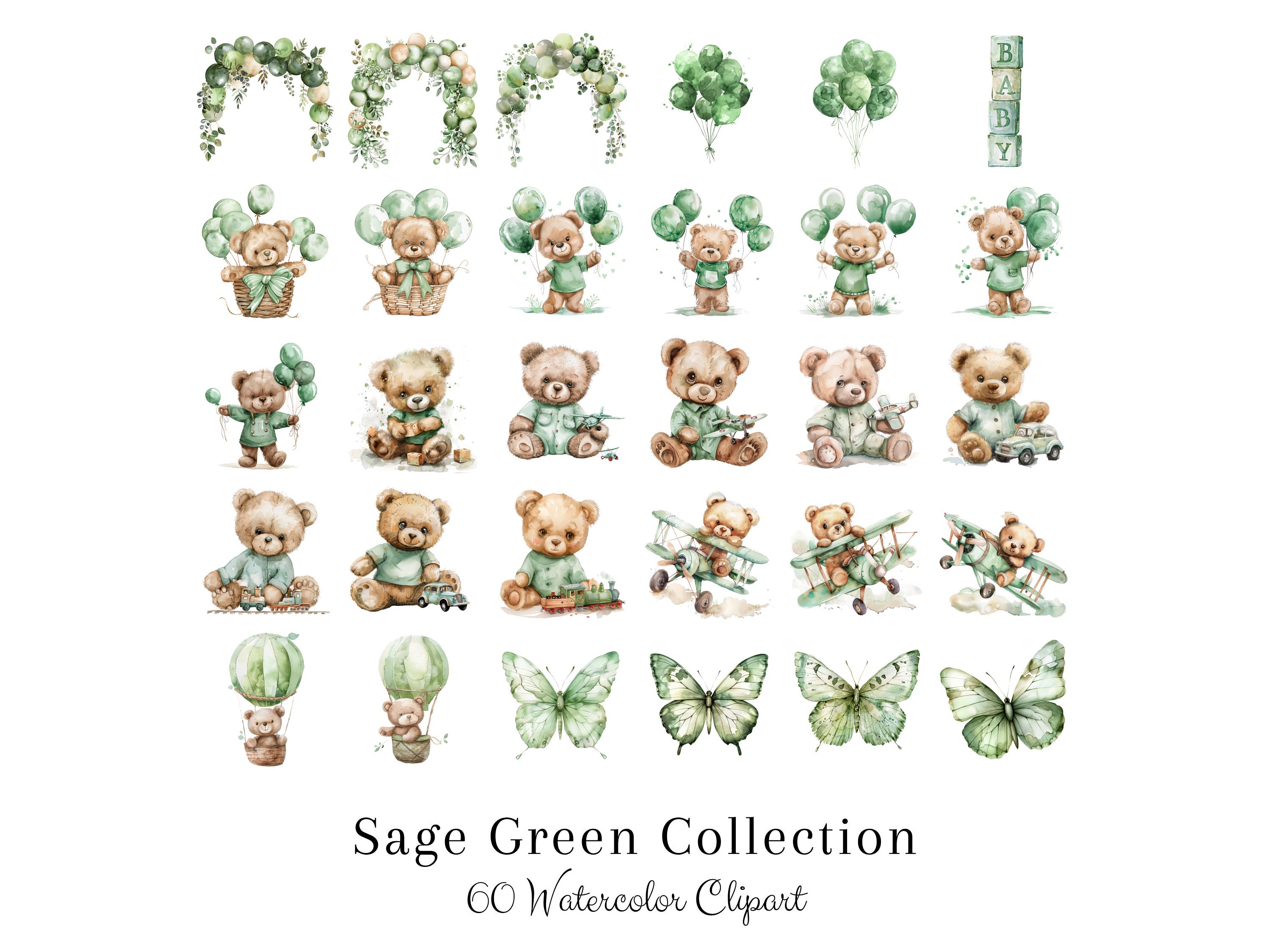 Watercolor Sage Green Clipart | Teddy Bear Clipart | Baby Shower ...